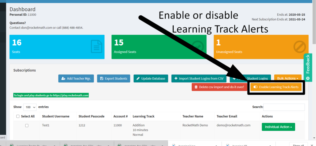 (E) Enable or Disable Learning Track Alerts - Rocket Math