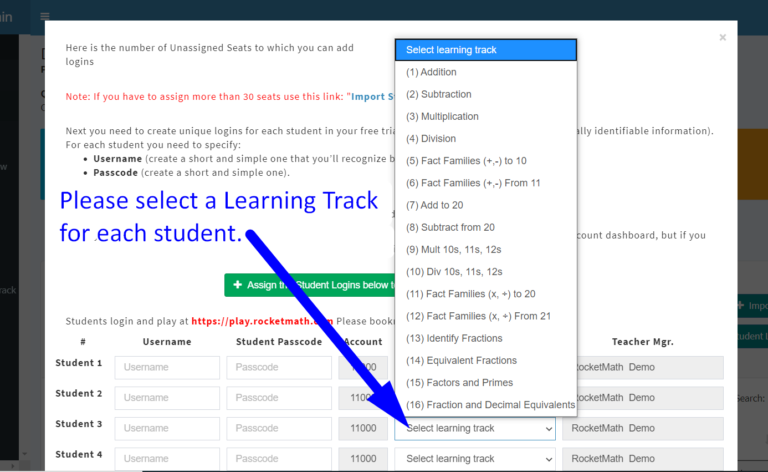 (B) How to assign Learning Tracks initially - Rocket Math