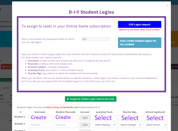 (E) Add Students = Assign Logins to seats - Rocket Math