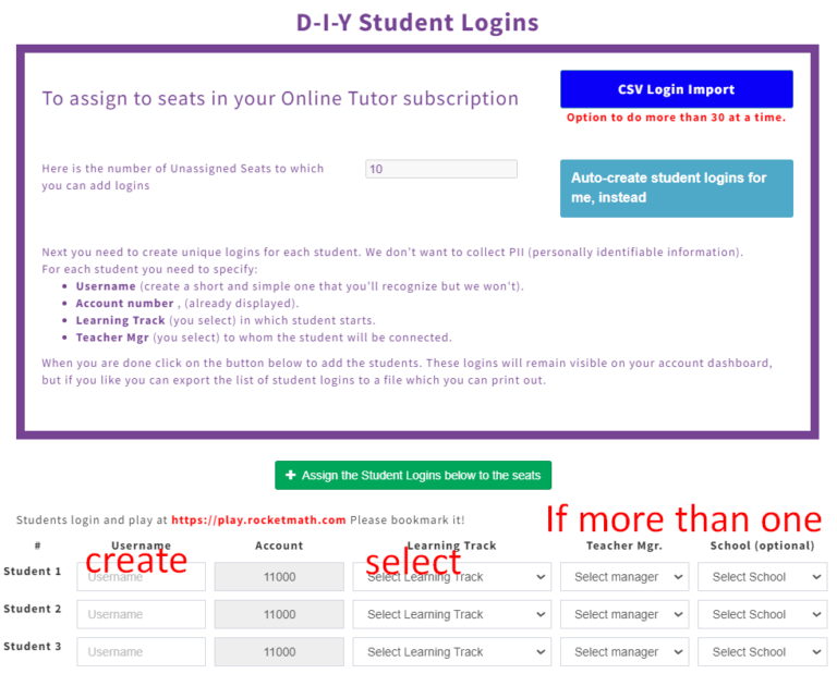 (E) Add Students = Assign Logins to seats - Rocket Math