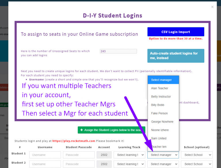 (E) Add Students = Assign Logins to seats - Rocket Math