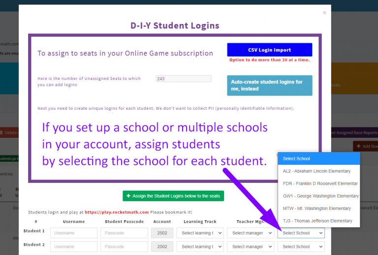 (E) Add Students = Assign Logins to seats - Rocket Math