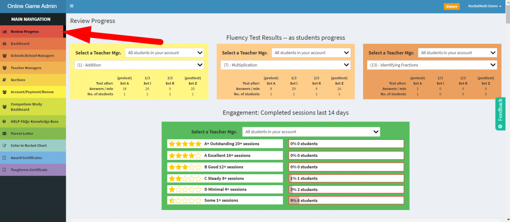(B) Charts at top of page and functions - Rocket Math