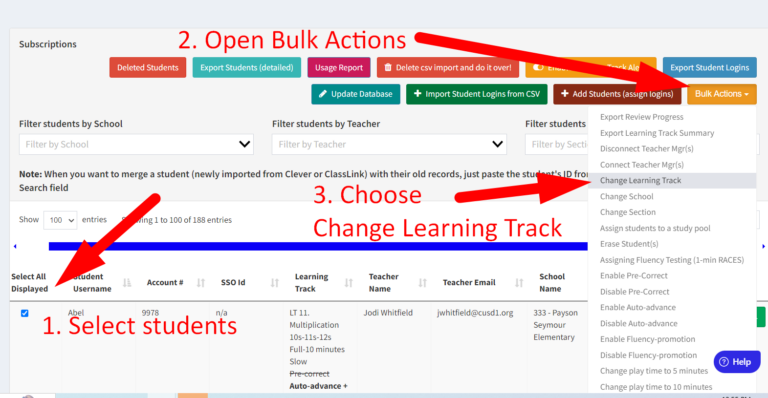 (D) Bulk Change Learning Tracks for groups of students - Rocket Math