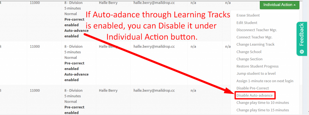 (F) Disable or enable Auto-Advance through Learning Tracks - Rocket Math