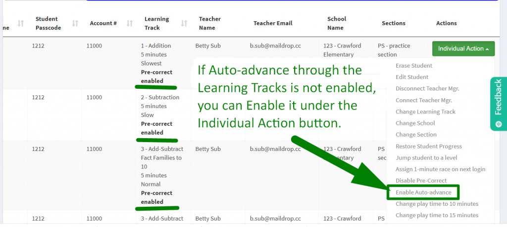 (F) Disable or enable Auto-Advance through Learning Tracks - Rocket Math