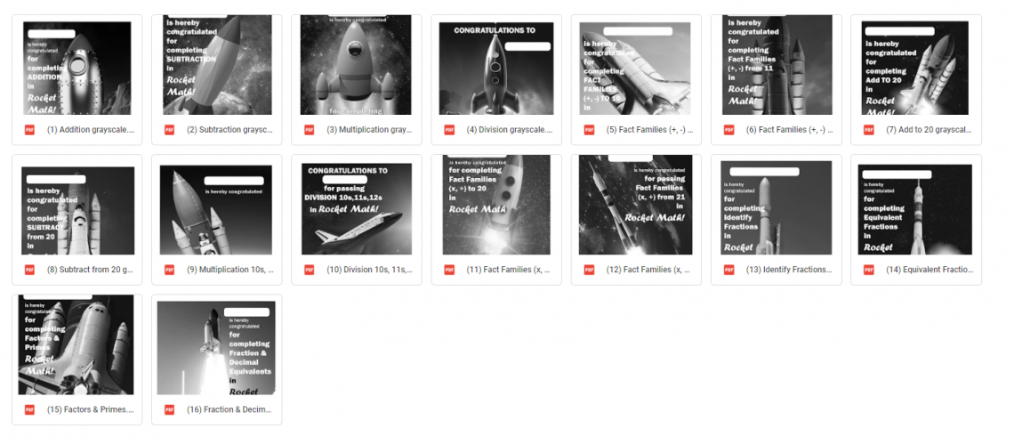 (K) Award Certificates - Rocket Math