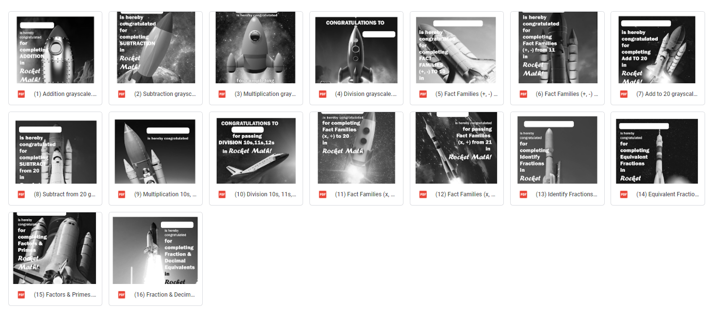 (K) Award Certificates - Rocket Math