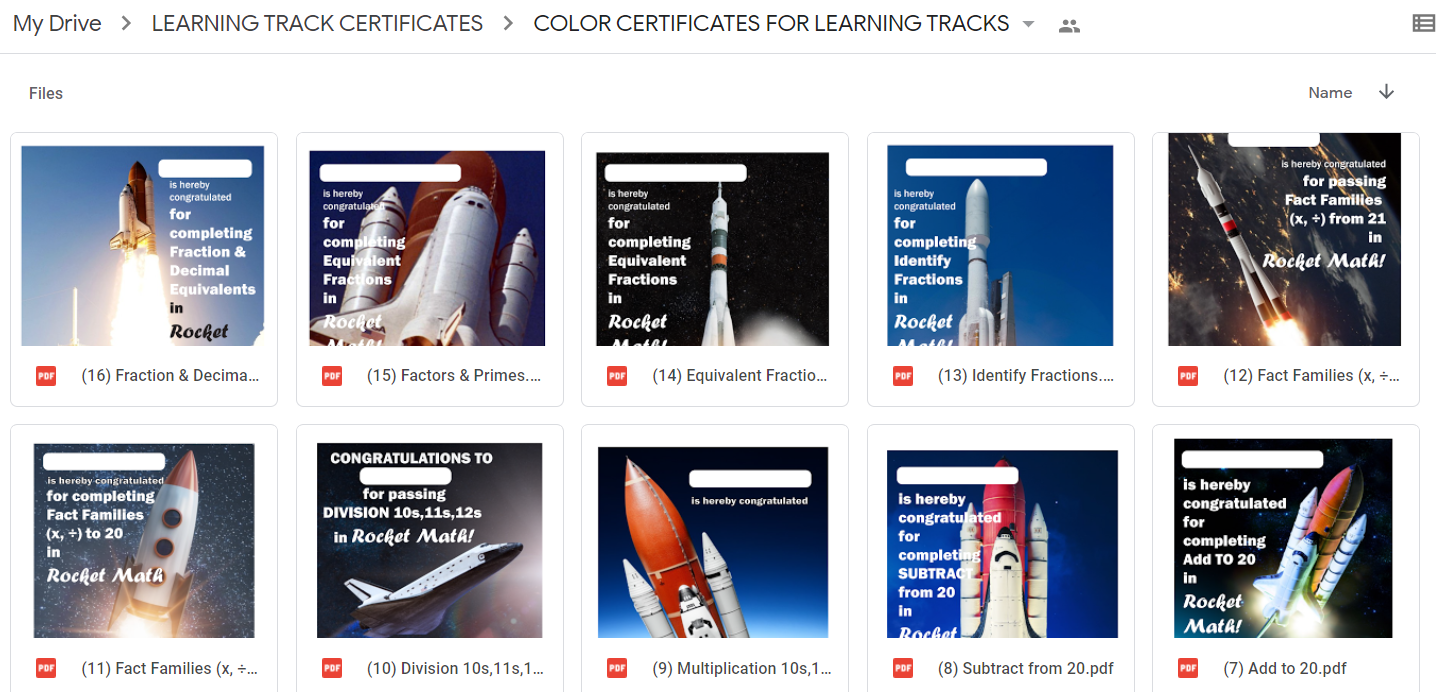 (K) Award Certificates - Rocket Math