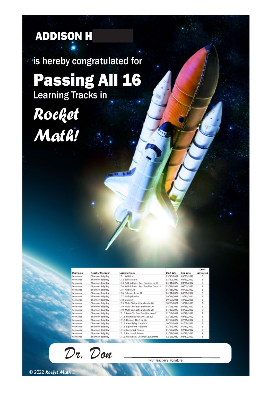 (G) Award Medallions for completed ALL Learning Tracks - Rocket Math