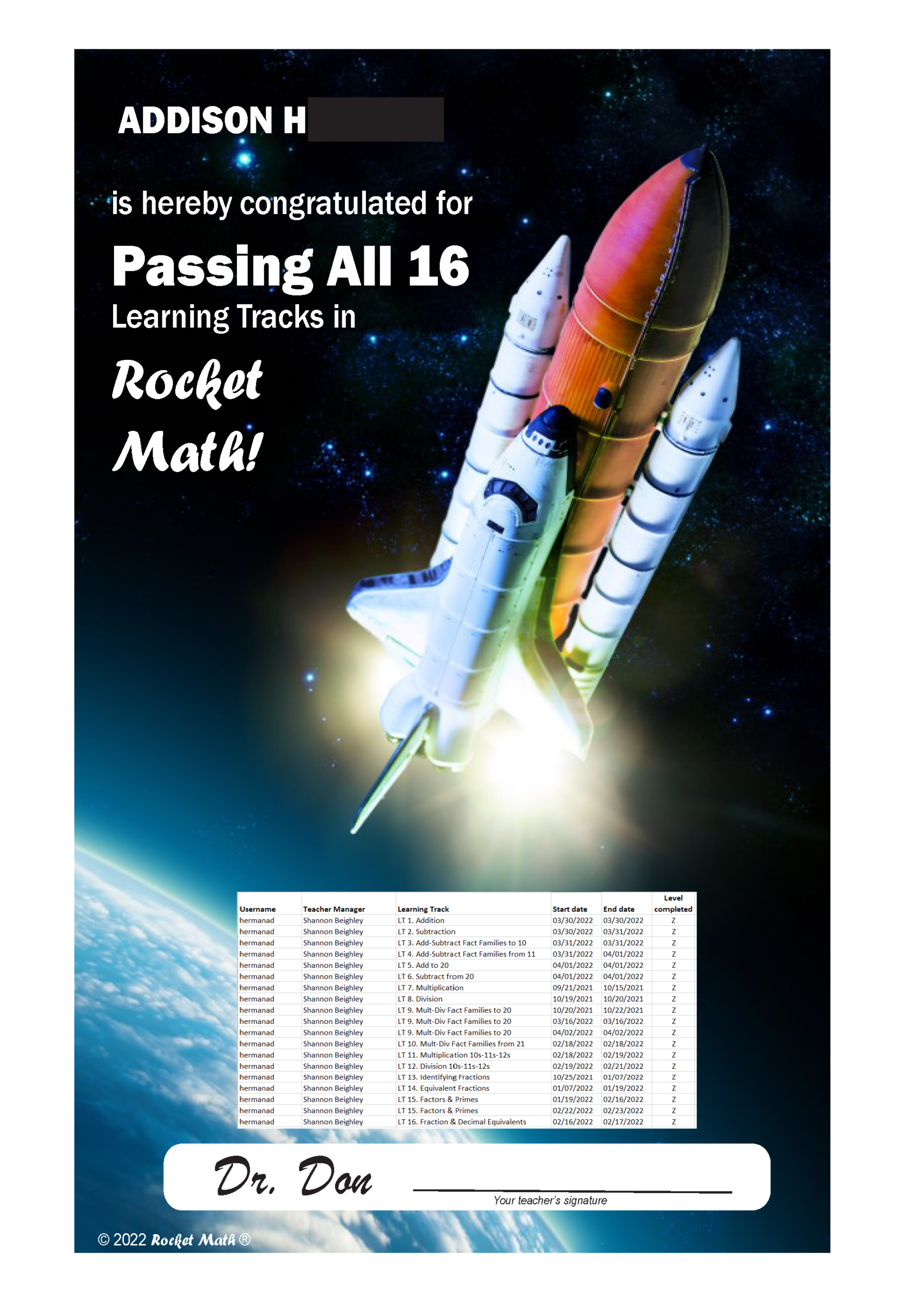 Award Medallion for completing all Learning Tracks - Rocket Math