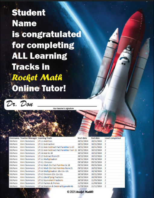 (G) Award Medallions for completing ALL Learning Tracks - Rocket Math